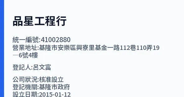 品星工程行的照片-統編 41002880(基隆市) 公司登記資料與營業項目詳細圖表