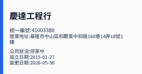 慶達工程行的照片-統編 41003380(基隆市) 公司登記資料與營業項目詳細圖表