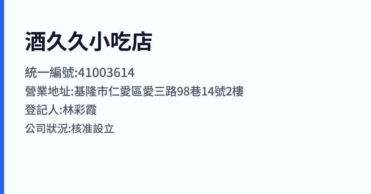 酒久久小吃店 - 統編 41003614（基隆市） 公司登記資料與營業項目詳細圖表