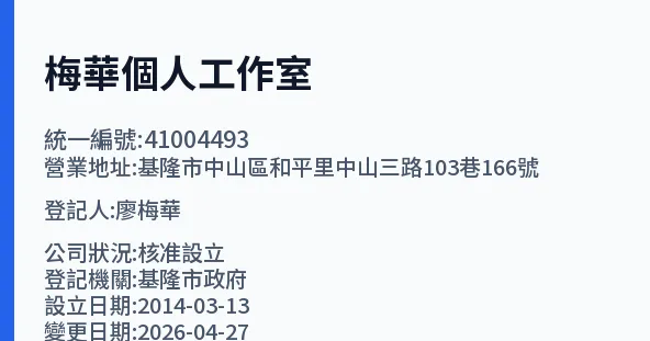 梅華個人工作室的照片-統編 41004493(基隆市) 公司登記資料與營業項目詳細圖表