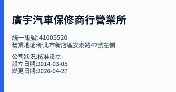 廣宇汽車保修商行營業所的照片-統編 41005520(新北市) 公司登記資料與營業項目詳細圖表