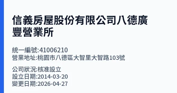 信義房屋股份有限公司八德廣豐營業所的照片-統編 41006210(桃園市) 公司登記資料與營業項目詳細圖表