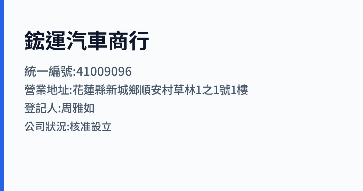 鋐運汽車商行 - 統編 41009096(花蓮縣) 公司登記資料與營業項目詳細圖表