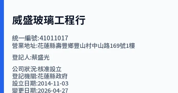 威盛玻璃工程行的照片-統編 41011017(花蓮縣) 公司登記資料與營業項目詳細圖表