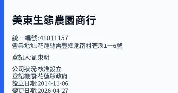 美東生態農園商行的照片-統編 41011157(花蓮縣) 公司登記資料與營業項目詳細圖表