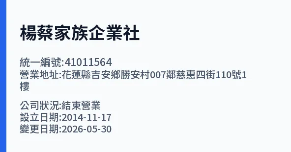 楊蔡家族企業社的照片-統編 41011564(花蓮縣) 公司登記資料與營業項目詳細圖表
