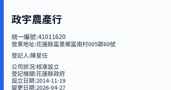 政宇農產行的照片-統編 41011620(花蓮縣) 公司登記資料與營業項目詳細圖表