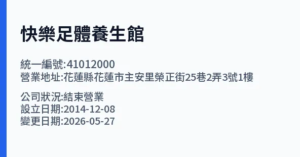 快樂足體養生館的照片-統編 41012000(花蓮縣) 公司登記資料與營業項目詳細圖表