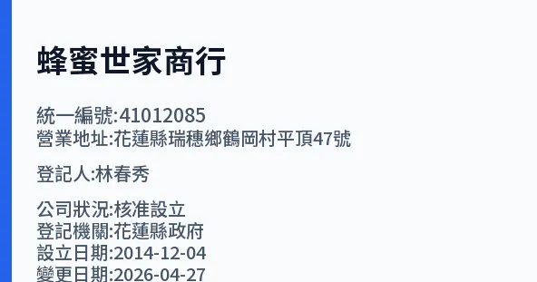 蜂蜜世家商行的照片-統編 41012085(花蓮縣) 公司登記資料與營業項目詳細圖表