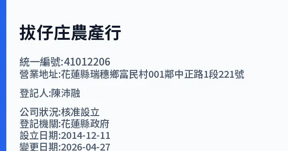 拔仔庄農產行的照片-統編 41012206(花蓮縣) 公司登記資料與營業項目詳細圖表