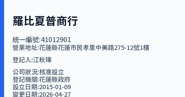 羅比夏普商行的照片-統編 41012901(花蓮縣) 公司登記資料與營業項目詳細圖表