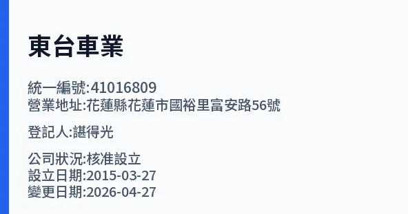 東台車業的照片-統編 41016809(花蓮縣) 公司登記資料與營業項目詳細圖表