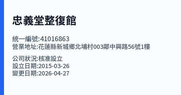 忠義堂整復館的照片-統編 41016863(花蓮縣) 公司登記資料與營業項目詳細圖表