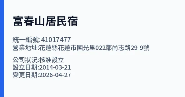 富春山居民宿的照片-統編 41017477(花蓮縣) 公司登記資料與營業項目詳細圖表