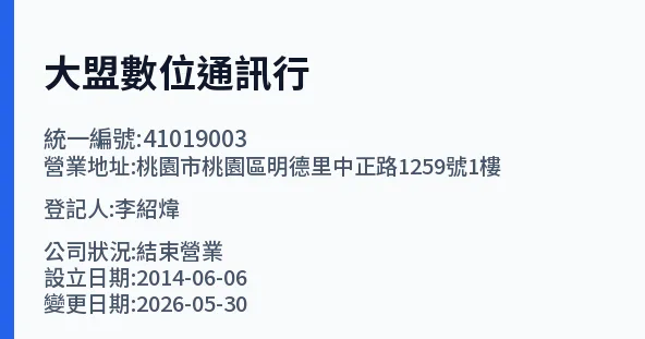 大盟數位通訊行的照片-統編 41019003(桃園市) 公司登記資料與營業項目詳細圖表