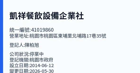 凱祥餐飲設備企業社的照片-統編 41019860(桃園市) 公司登記資料與營業項目詳細圖表