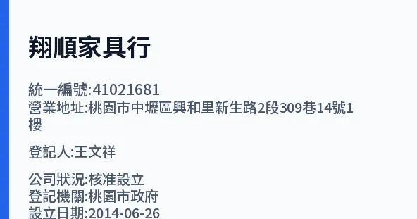 翔順家具行的照片-統編 41021681(桃園市) 公司登記資料與營業項目詳細圖表