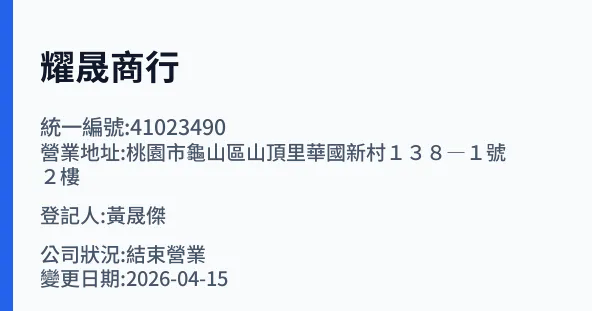 耀晟商行的照片-統編 41023490(桃園市) 公司登記資料與營業項目詳細圖表