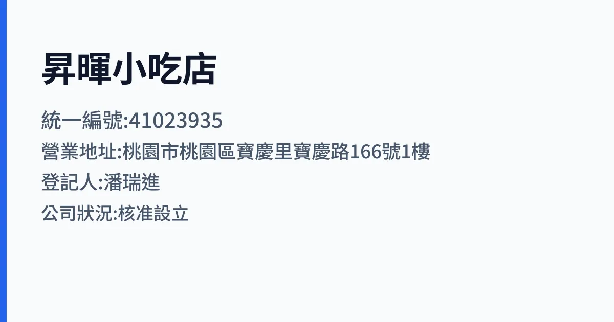 昇暉小吃店 - 統編 41023935(桃園市) 公司登記資料與營業項目詳細圖表