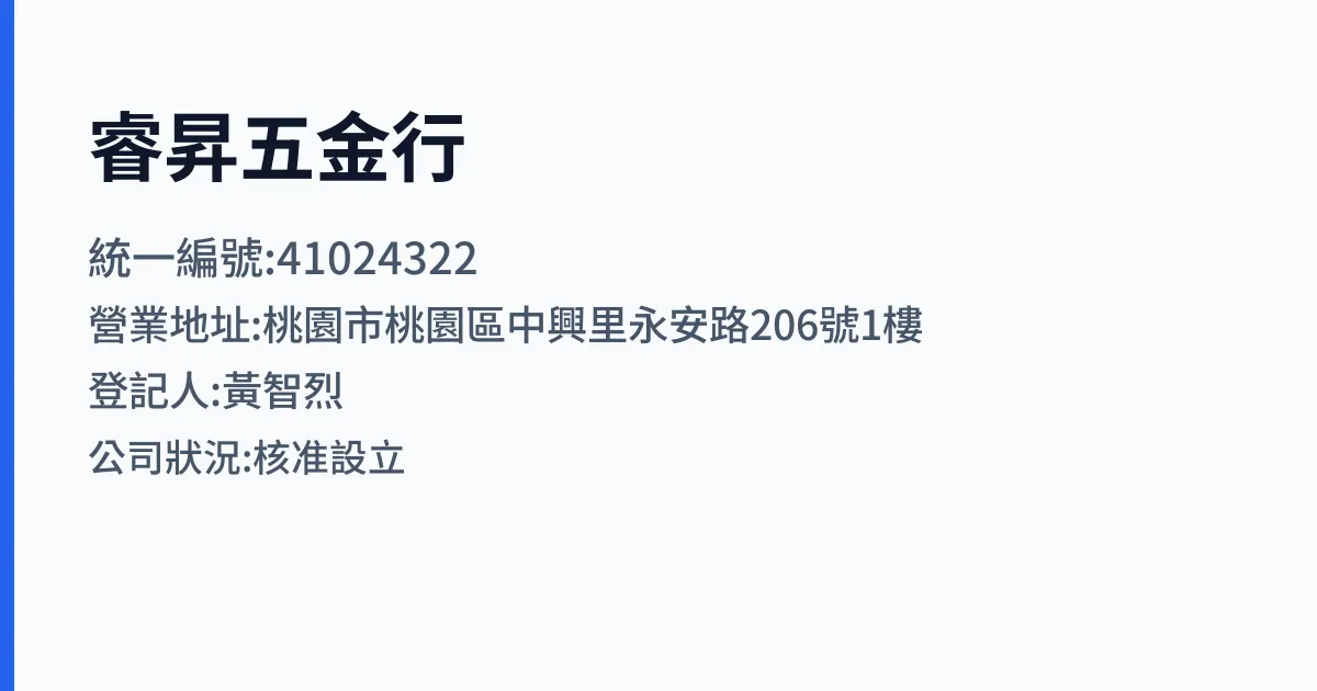 睿昇五金行 - 統編 41024322(桃園市) 公司登記資料與營業項目詳細圖表
