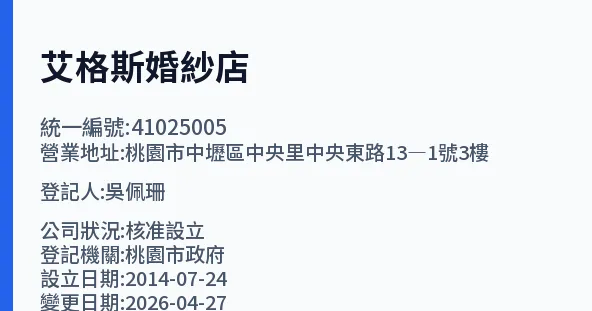 艾格斯婚紗店的照片-統編 41025005(桃園市) 公司登記資料與營業項目詳細圖表