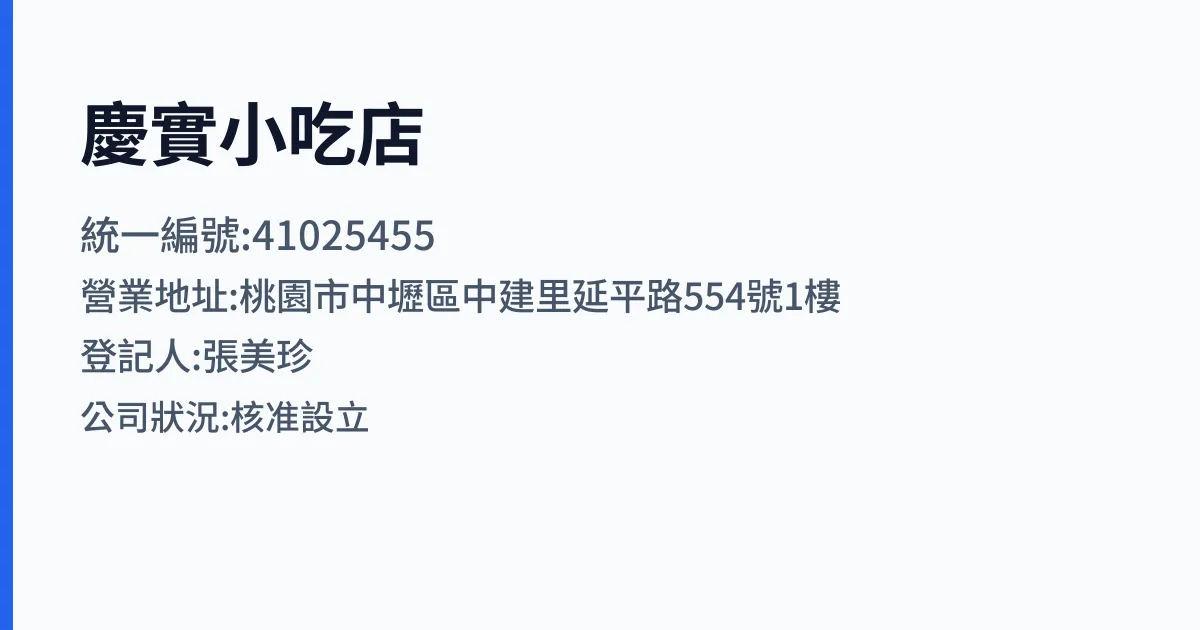 慶實小吃店 - 統編 41025455 (桃園市) 公司登記資料與營業項目詳細圖表
