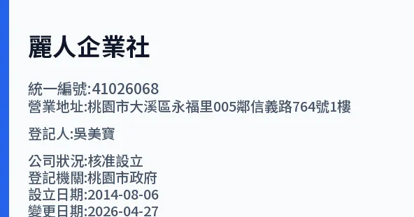 麗人企業社的照片-統編 41026068(桃園市) 公司登記資料與營業項目詳細圖表