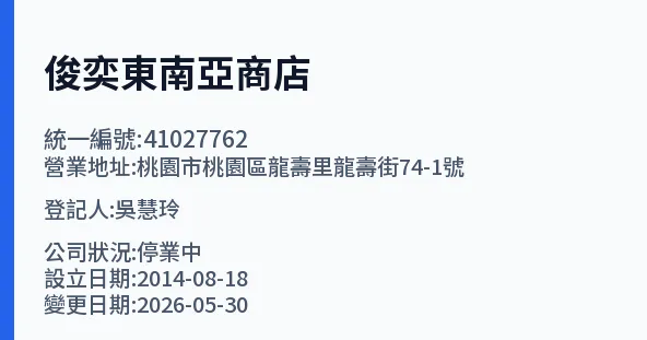 俊奕東南亞商店的照片-統編 41027762(桃園市) 公司登記資料與營業項目詳細圖表