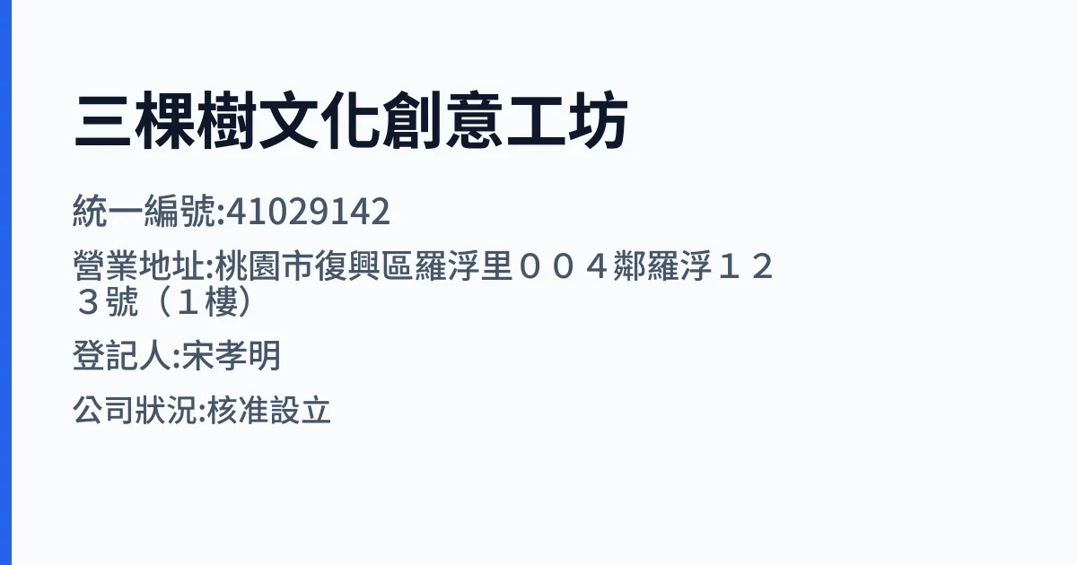 三棵樹文化創意工坊 - 統編 41029142(桃園市) 公司登記資料與營業項目詳細圖表
