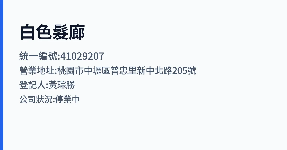 白色髮廊 - 統編 41029207(桃園市) 公司登記資料與營業項目詳細圖表