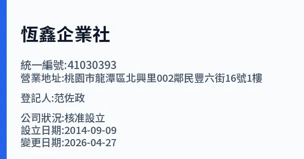 恆鑫企業社的照片-統編 41030393(桃園市) 公司登記資料與營業項目詳細圖表