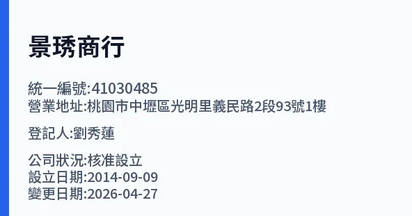 景琇商行的照片-統編 41030485(桃園市) 公司登記資料與營業項目詳細圖表