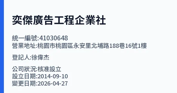 奕傑廣告工程企業社的照片-統編 41030648(桃園市) 公司登記資料與營業項目詳細圖表