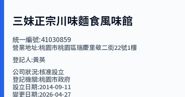 三妹正宗川味麵食風味館的照片-統編 41030859(桃園市) 公司登記資料與營業項目詳細圖表