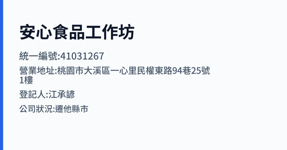 安心食品工作坊 - 統編 41031267(臺南市) 公司登記資料與營業項目詳細圖表