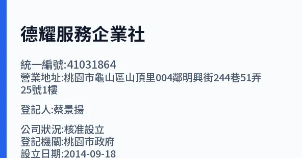 德耀服務企業社的照片-統編 41031864(桃園市) 公司登記資料與營業項目詳細圖表