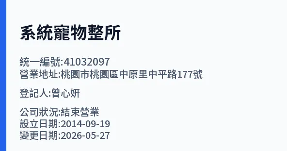 系統寵物整所的照片-統編 41032097(桃園市) 公司登記資料與營業項目詳細圖表