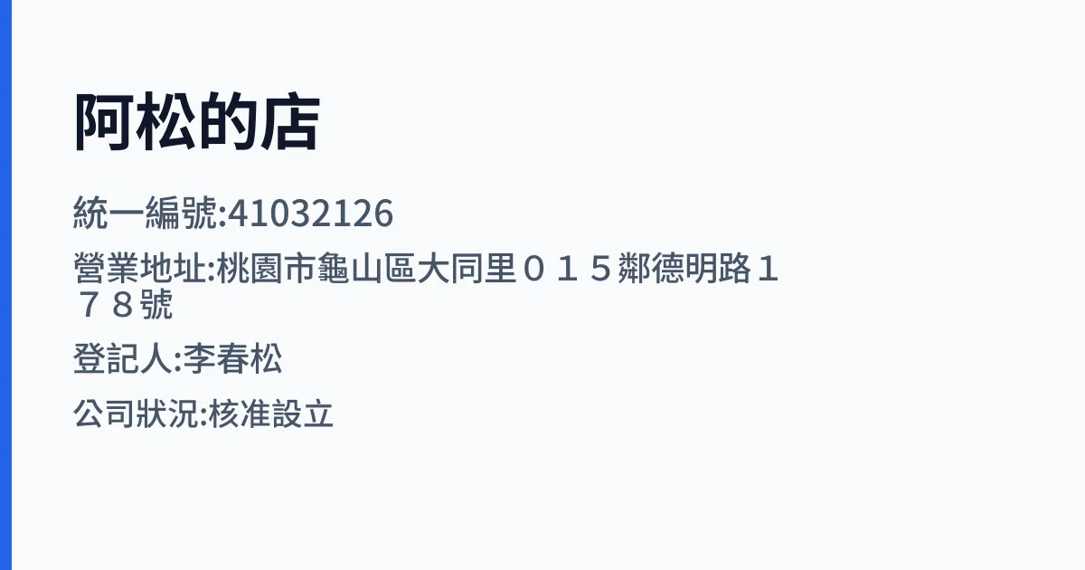 阿松的店 - 統編 41032126(桃園市) 公司登記資料與營業項目詳細圖表