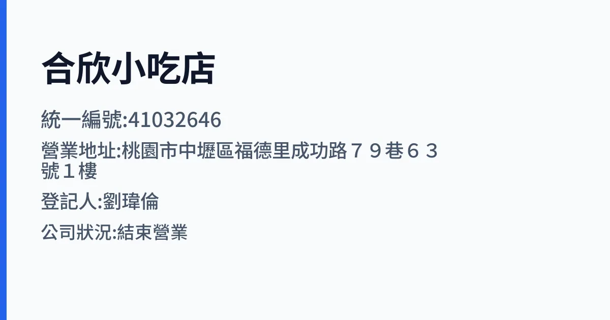 合欣小吃店 - 統編 41032646(桃園市) 公司登記資料與營業項目詳細圖表