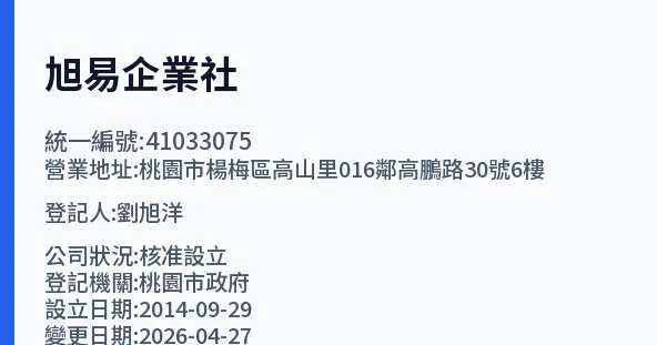 旭易企業社的照片-統編 41033075(桃園市) 公司登記資料與營業項目詳細圖表