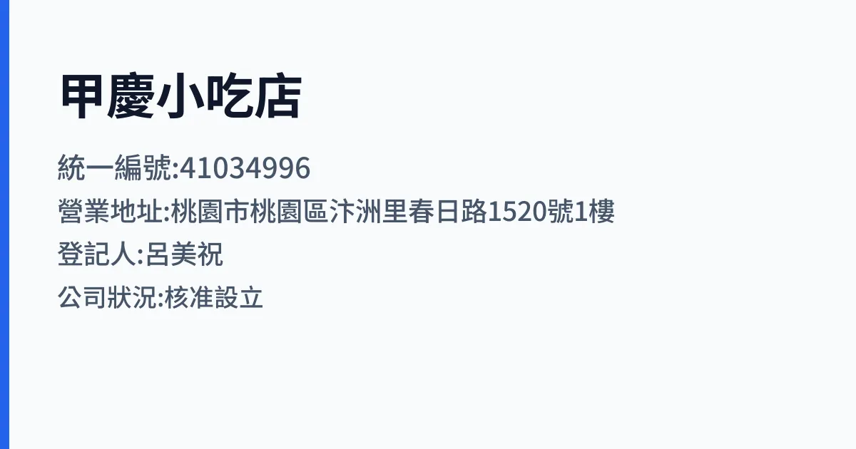 甲慶小吃店 - 統編 41034996(桃園市) 公司登記資料與營業項目詳細圖表