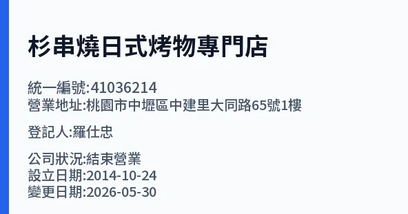杉串燒日式烤物專門店的照片-統編 41036214(桃園市) 公司登記資料與營業項目詳細圖表