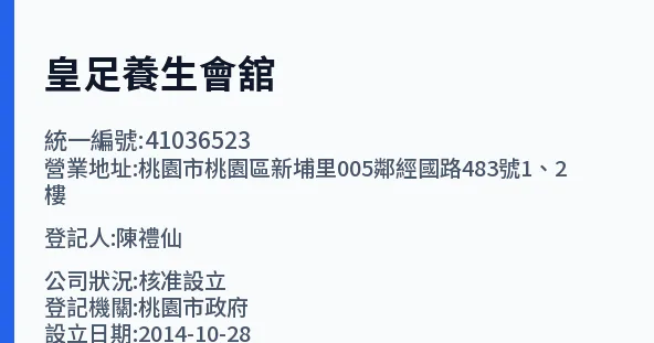 皇足養生會舘的照片-統編 41036523(桃園市) 公司登記資料與營業項目詳細圖表