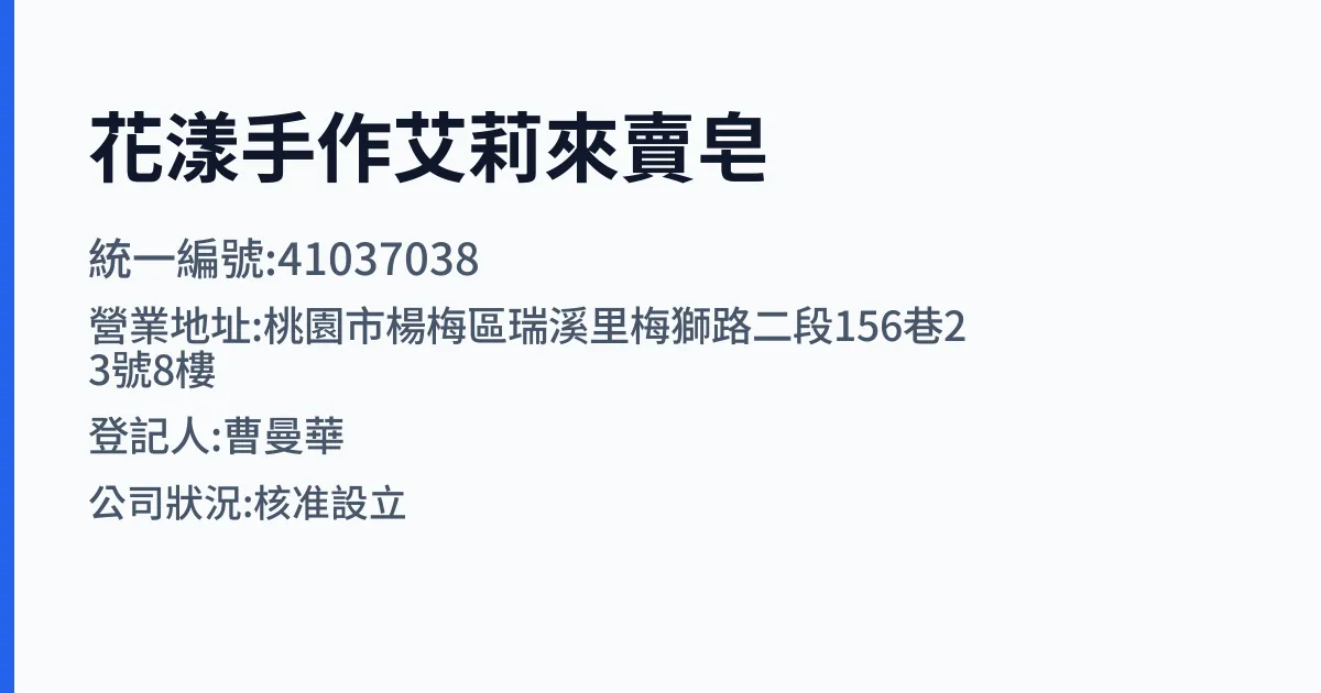 花漾手作艾莉來賣皂 - 統編 41037038(桃園市) 公司登記資料與營業項目詳細圖表