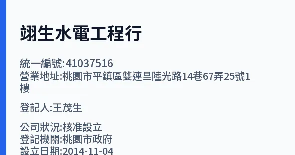 翊生水電工程行的照片-統編 41037516(桃園市) 公司登記資料與營業項目詳細圖表