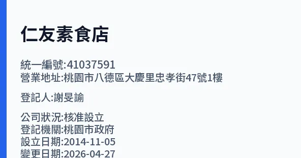 仁友素食店的照片-統編 41037591(桃園市) 公司登記資料與營業項目詳細圖表
