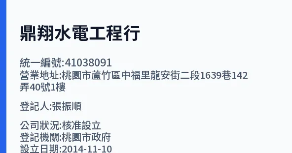 鼎翔水電工程行的照片-統編 41038091(桃園市) 公司登記資料與營業項目詳細圖表