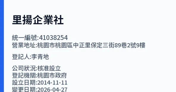 里揚企業社的照片-統編 41038254(桃園市) 公司登記資料與營業項目詳細圖表