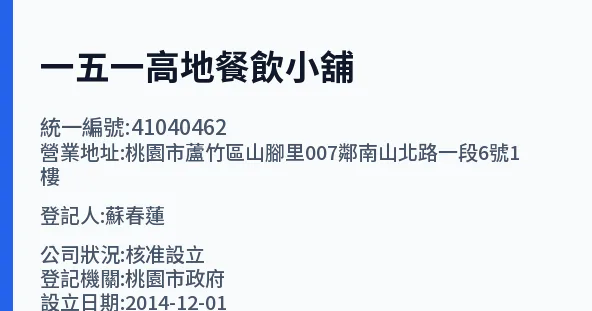 一五一高地餐飲小舖的照片-統編 41040462(桃園市) 公司登記資料與營業項目詳細圖表