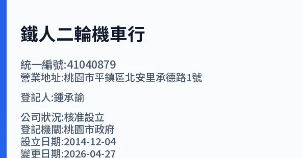 鐵人二輪機車行的照片-統編 41040879(桃園市) 公司登記資料與營業項目詳細圖表